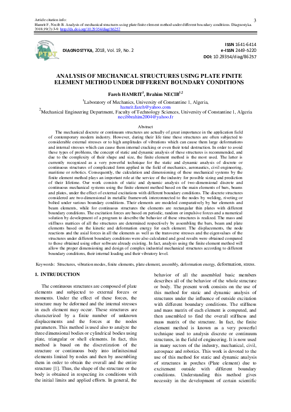 (PDF) Analysis of mechanical structures using plate finite element method under different ...