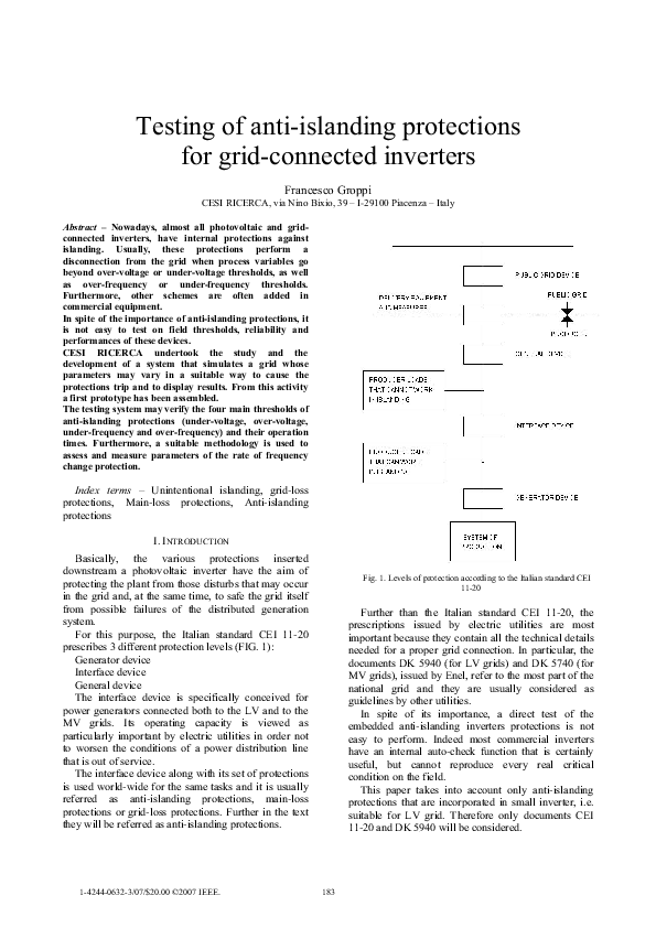 (PDF) Testing of anti-islanding protections for grid-connected inverters