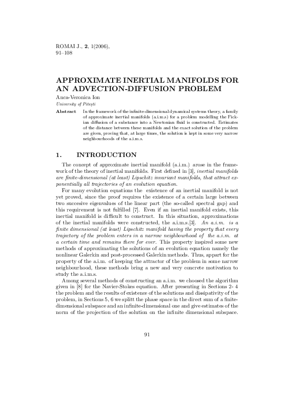 (PDF) Approximate Inertial Manifolds for an Advection-Diffusion Problem | Anca Veronica Ion ...