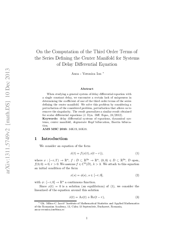 (PDF) On the Computation of the Third Order Terms of the Series Defining the Center Manifold for ...