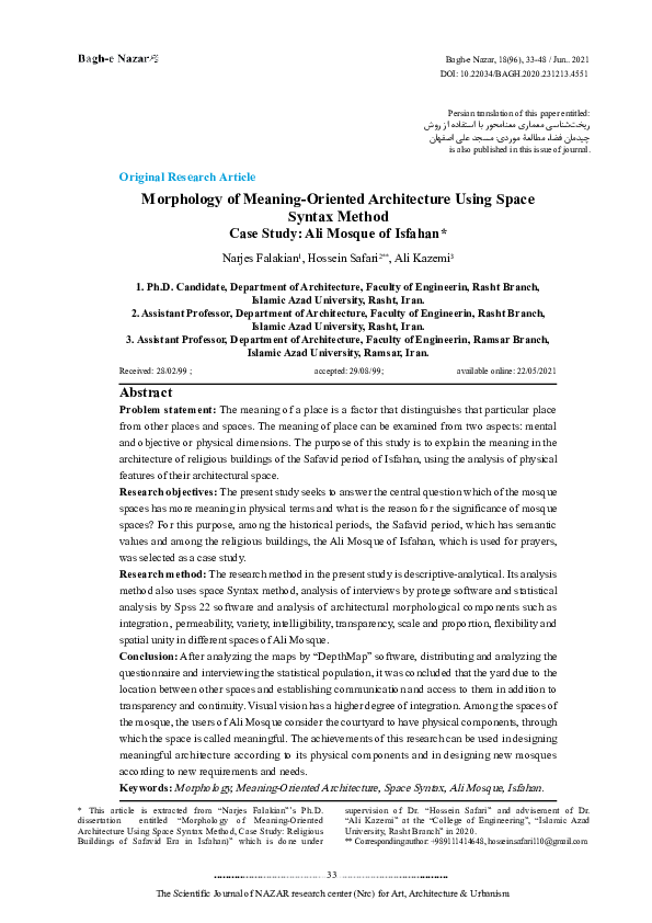 (PDF) Morphology of Meaning-Oriented Architecture Using Space Syntax Method Case Study: Ali ...