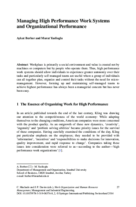 (PDF) Managing High Performance Work Systems and Organizational Performance