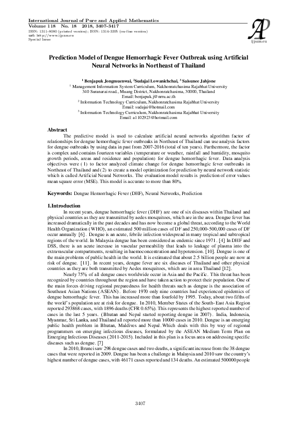(PDF) Prediction Model of Dengue Hemorrhagic Fever Outbreak using Artificial Neural Networks in ...