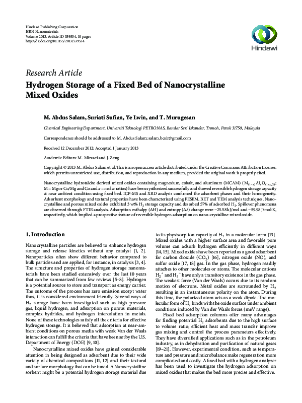 (PDF) Hydrogen Storage of a Fixed Bed of Nanocrystalline Mixed Oxides