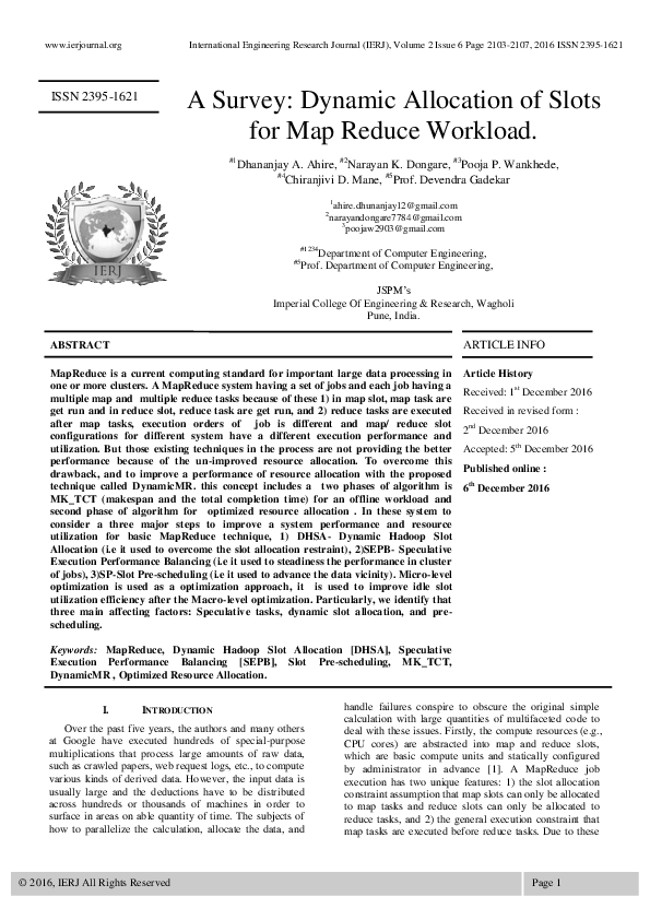 (PDF) A Survey : Dynamic Allocation of Slots for Map Reduce Workload