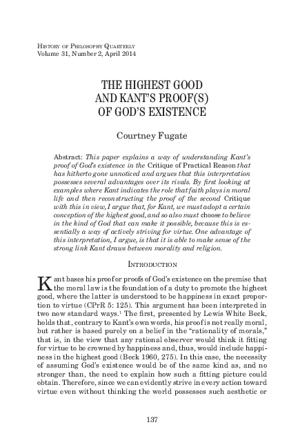 (PDF) The Highest Good and Kant's Proof(s) of God's Existence