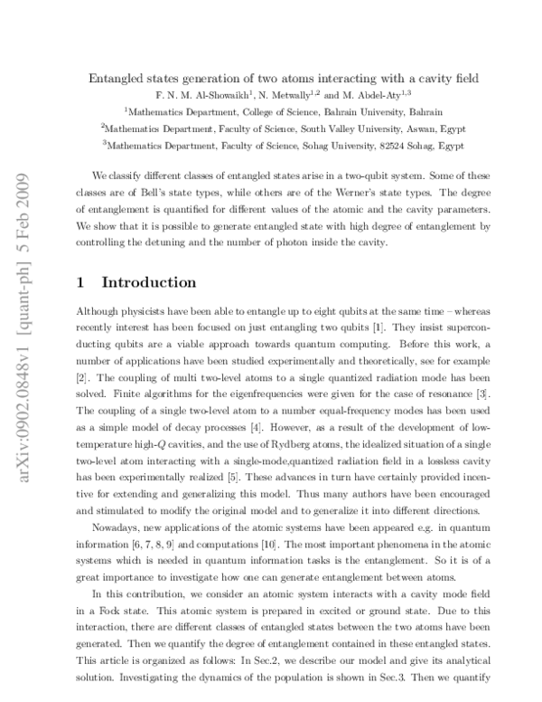 (PDF) Entangled States Generation of Two Atoms Interacting with a Cavity