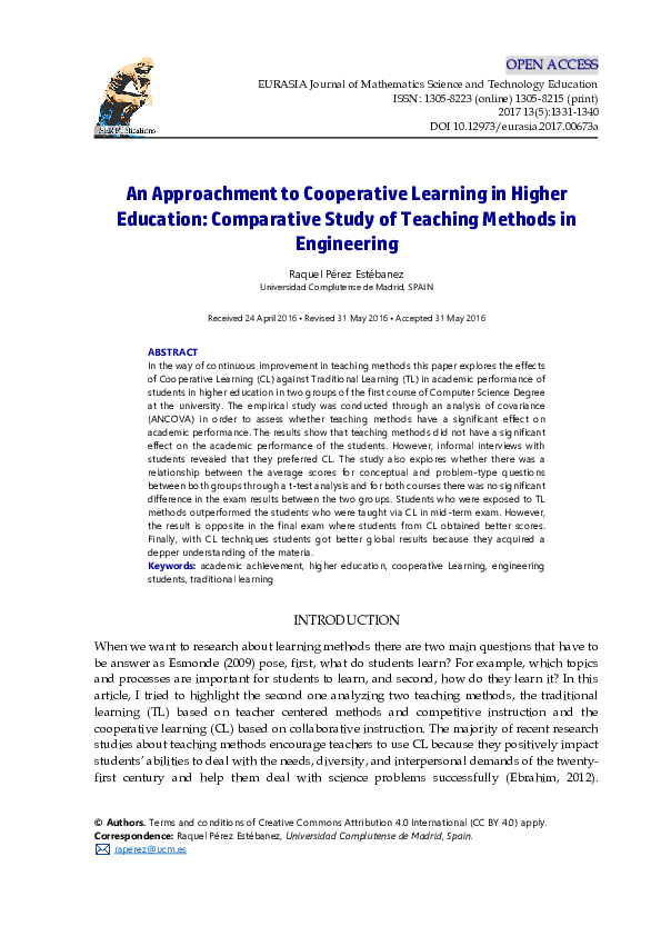 (PDF) An Approachment to Cooperative Learning in Higher Education ...