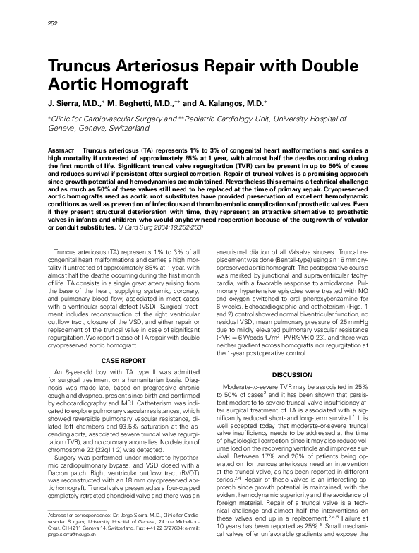 (PDF) Truncus Arteriosus Repair with Double Aortic Homograft