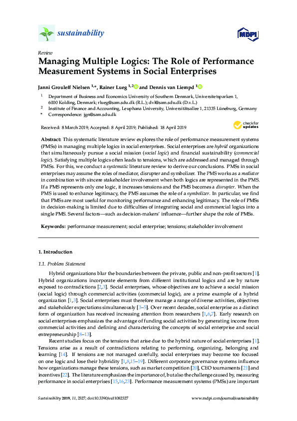 (PDF) Managing Multiple Logics: The Role of Performance Measurement Systems in Social Enterprises