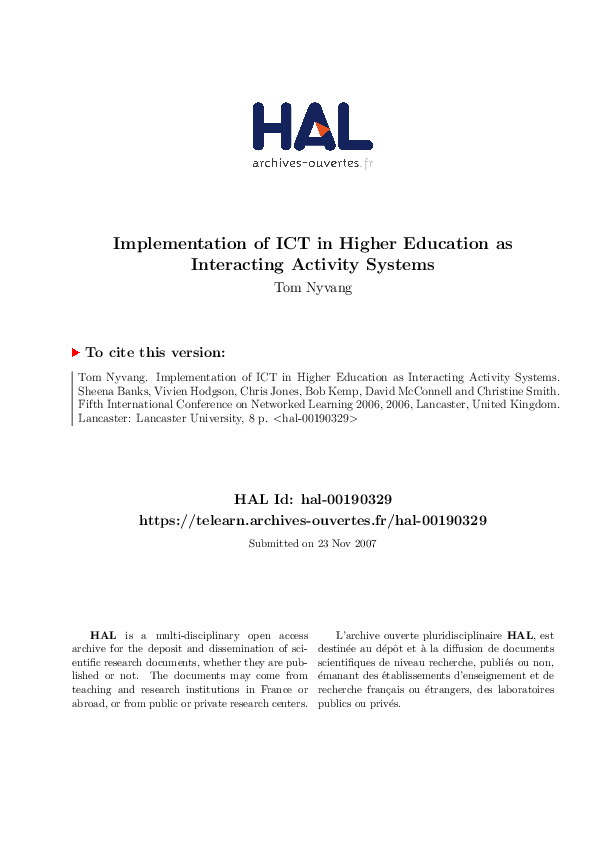 (PDF) Implementation of ICT in Higher Education as Interacting Activity Systems