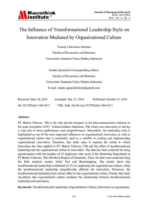 (PDF) he Influence of Transformational Leadership Style on Innovation Mediated by Organizational ...