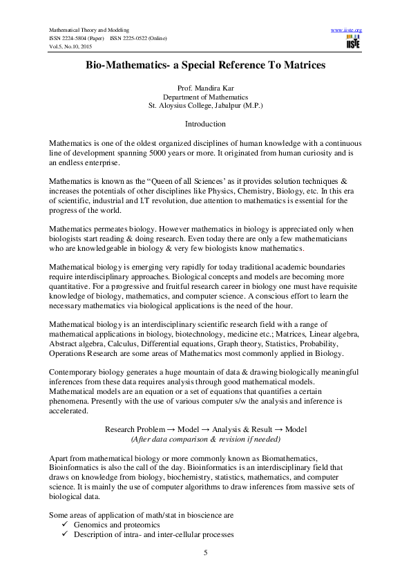 (PDF) Bio-Mathematics- a Special Reference To Matrices