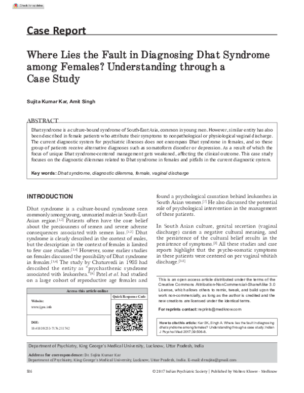 (PDF) Where Lies the Fault in Diagnosing Dhat Syndrome among Females ...