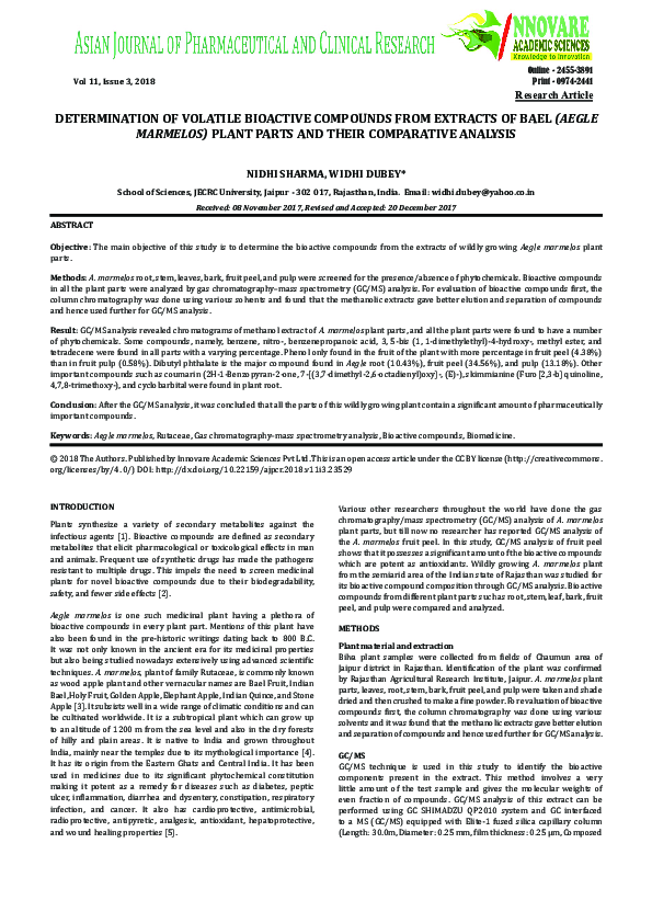 (PDF) Determination of Volatile Bioactive Compounds from Extracts of Bael (Aegle Marmelos) Plant ...