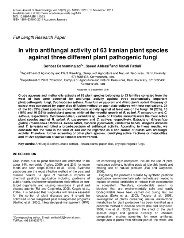 (PDF) In vitro antifungal activity of 63 Iranian plant species against three different plant ...
