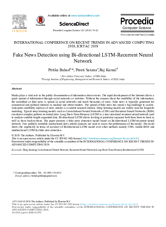 Pdf Fake News Detection Using Bi Directional Lstm Recurrent Neural