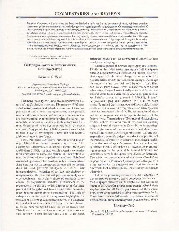 (PDF) Galápagos tortoise nomenclature: still unresolved | George Zug ...
