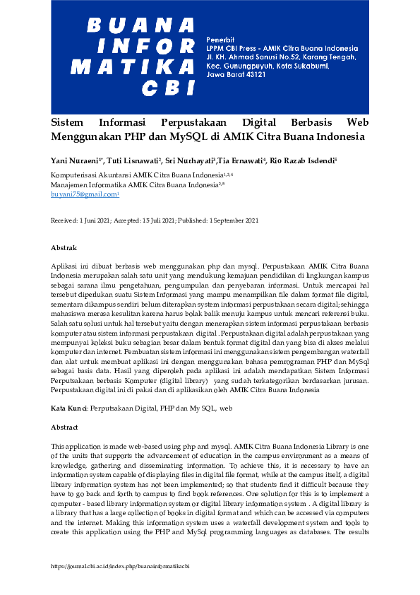 (PDF) Sistem Informasi Perpustakaan Digital Berbasis Web Menggunakan PHP dan MySQL di AMIK Citra ...