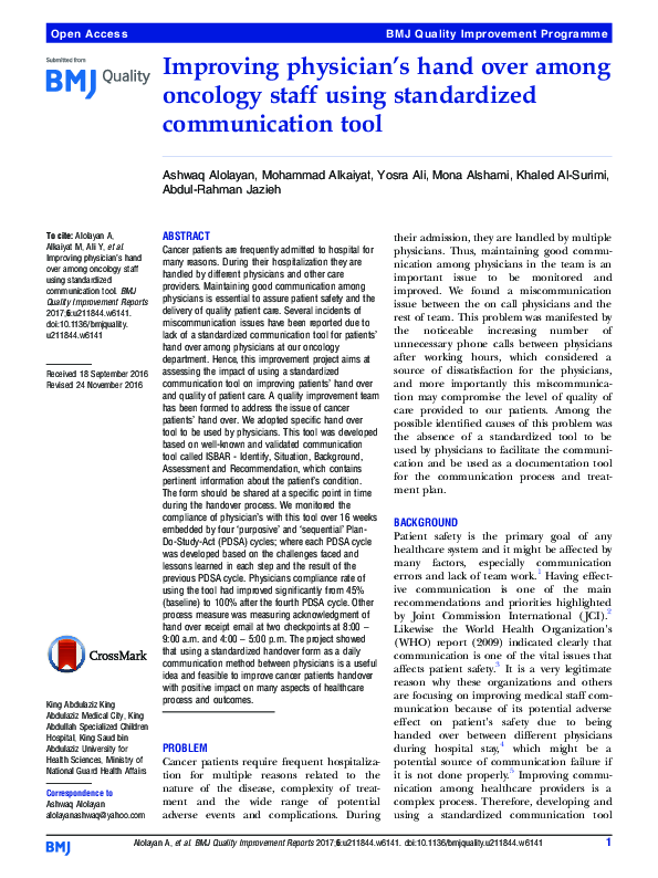 (PDF) Improving physician's hand over among oncology staff using ...