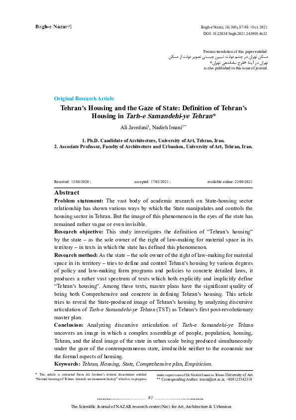 (PDF) Tehran's Housing and the Gaze of State: Definition of Tehran's Housing in Tarh-e Samandehi ...
