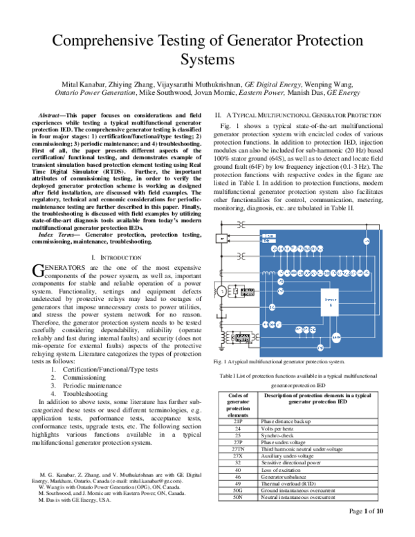 (PDF) Comprehensive testing of generator protection systems