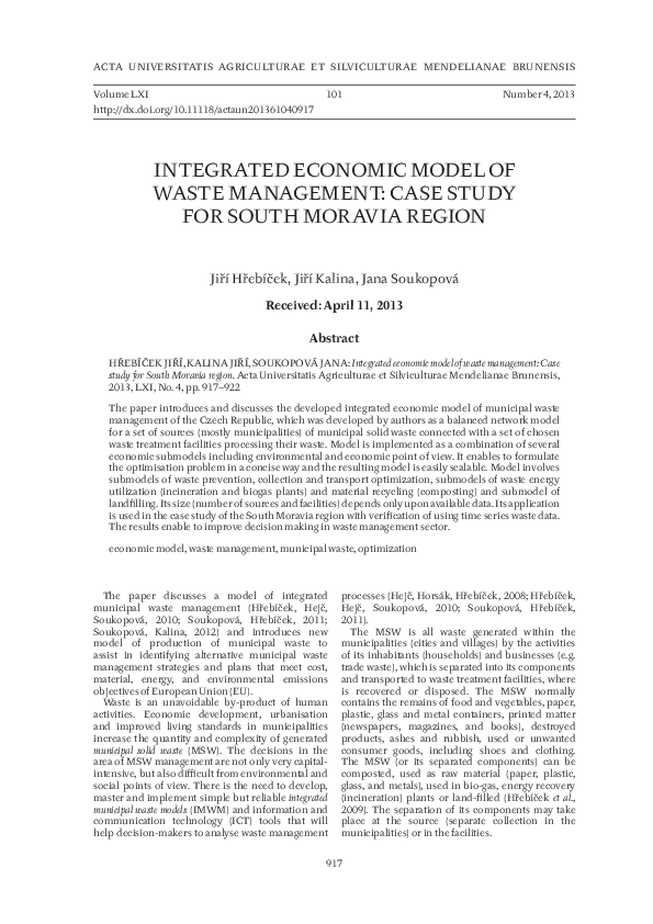 (PDF) Integrated economic model of waste management: Case study for ...