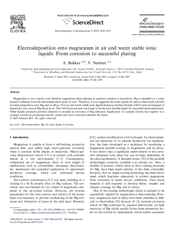 (PDF) Ionic Liquids for Electrodeposition on Magnesium Alloys