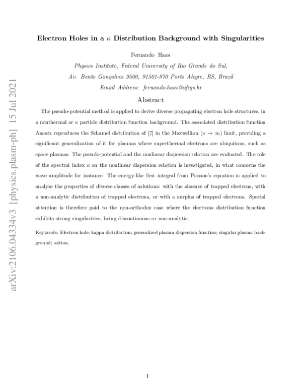 (PDF) Electron holes in a κ distribution background with singularities