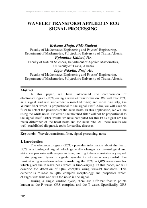 (PDF) Wavelet Transform Applied in Ecg Signal Processing
