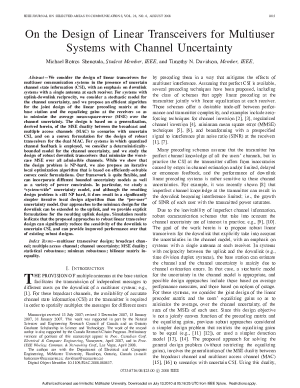 (PDF) On the Design of Linear Transceivers for Multiuser Systems with Channel Uncertainty