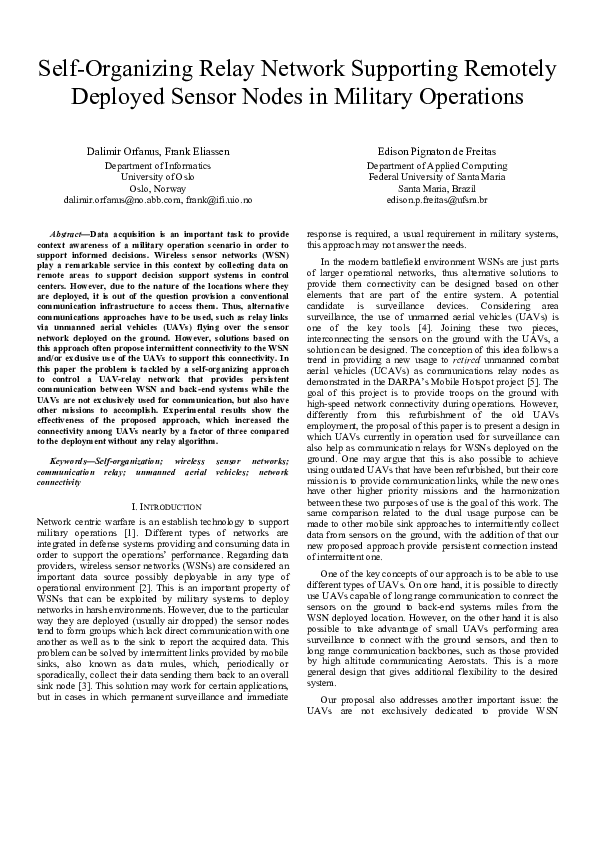 (PDF) Self-organizing relay network supporting remotely deployed sensor nodes in military operations