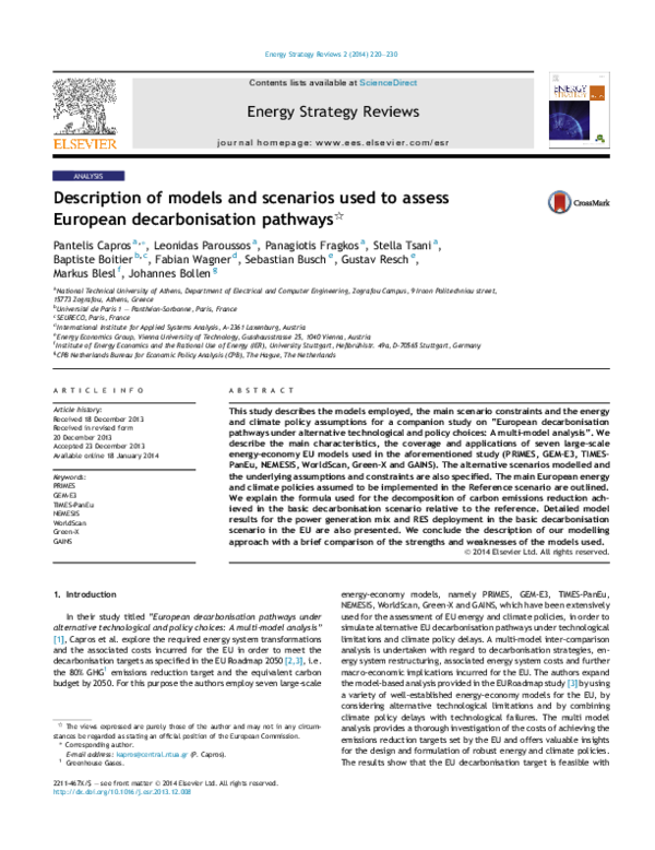 (PDF) Description of models and scenarios used to assess European decarbonisation pathways