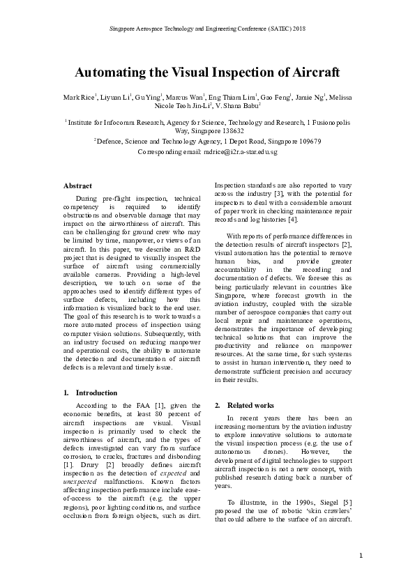 (PDF) Automating the Visual Inspection of Aircraft