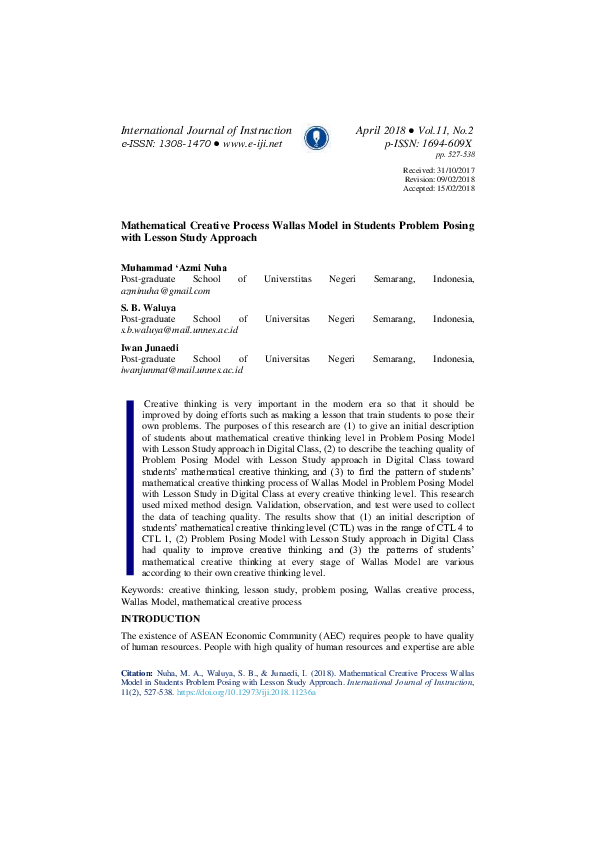 (PDF) Mathematical Creative Process Wallas Model in Students Problem ...