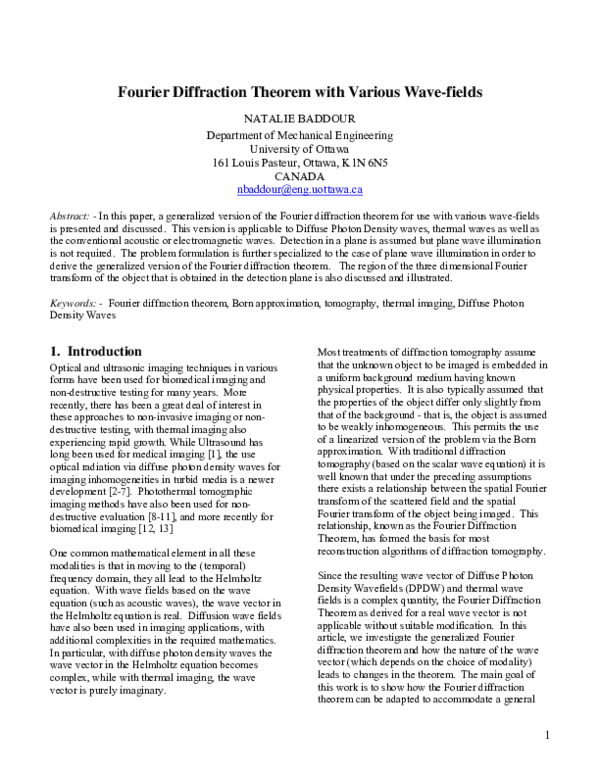 Pdf Fourier Diffraction Theorem With Various Wave Fields