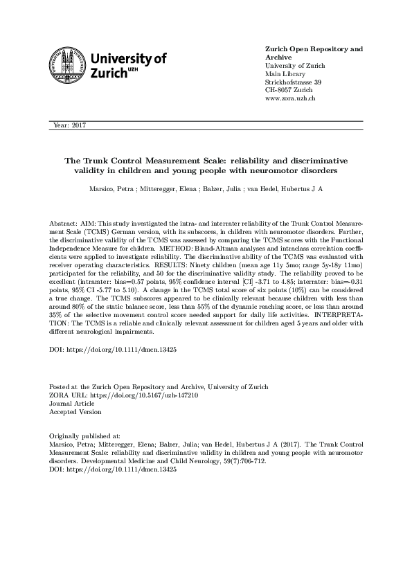 (PDF) The Trunk Control Measurement Scale: reliability and ...