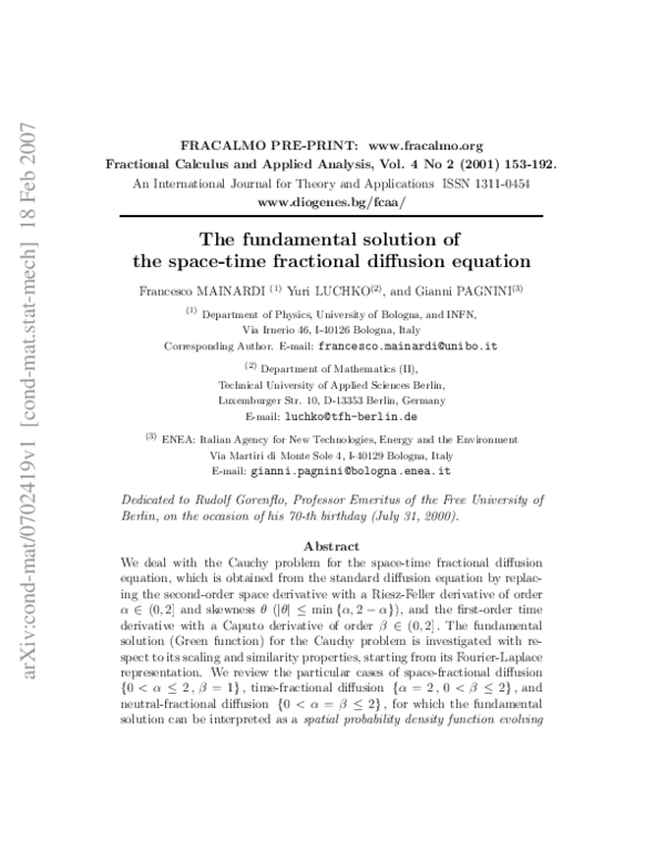 (PDF) The fundamental solutions of the time-fractional diffusion equation
