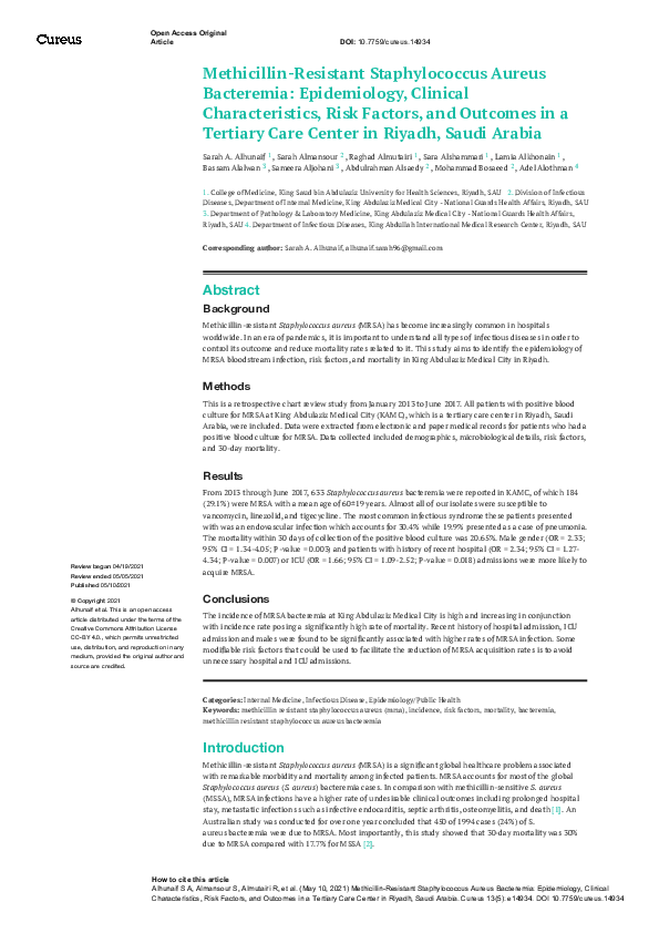(PDF) Methicillin-Resistant Staphylococcus Aureus Bacteremia: Epidemiology, Clinical ...