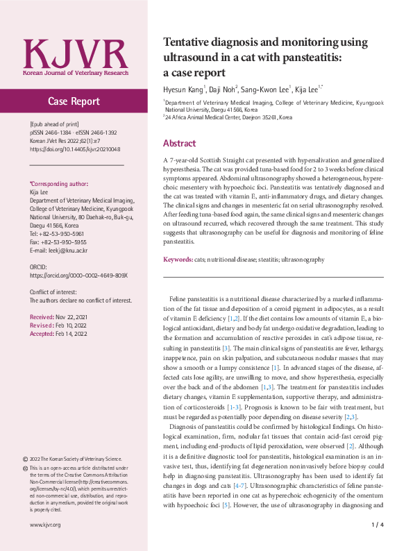 (PDF) Tentative diagnosis and monitoring using ultrasound in a cat with ...