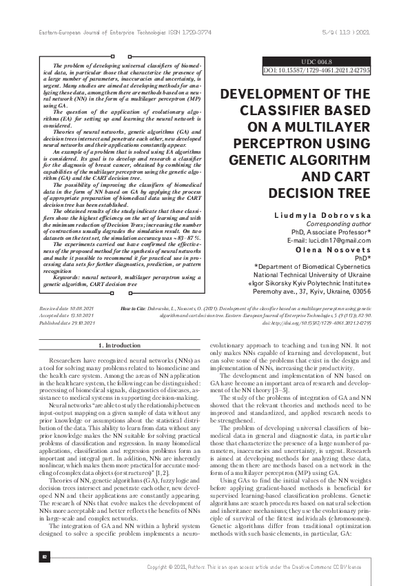 (PDF) Development of the classifier based on a multilayer perceptron using genetic algorithm and ...
