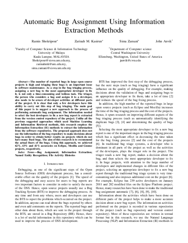 (PDF) Automatic Bug Assignment Using Information Extraction Methods
