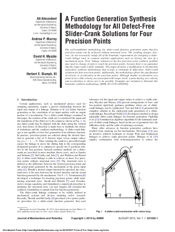 (PDF) A Function Generation Synthesis Methodology for All Defect-Free Slider-Crank Solutions for ...