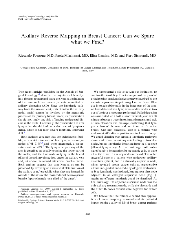 (PDF) Axillary Reverse Mapping in Breast Cancer: Can we Spare what we ...