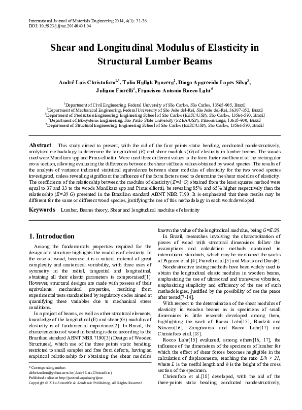 (PDF) Shear and Longitudinal Modulus of Elasticity in Structural Lumber ...
