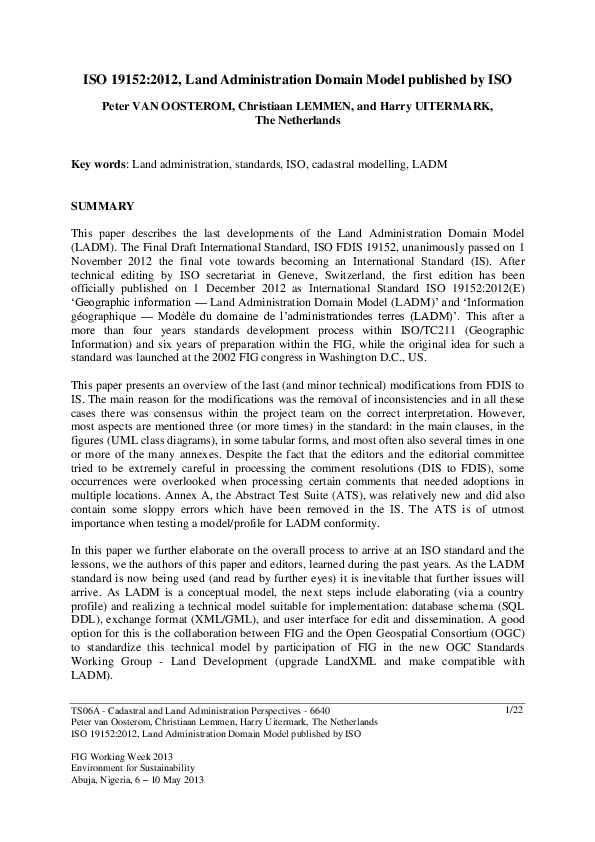 (PDF) ISO 19152: 2012, land administration domain model published by ISO