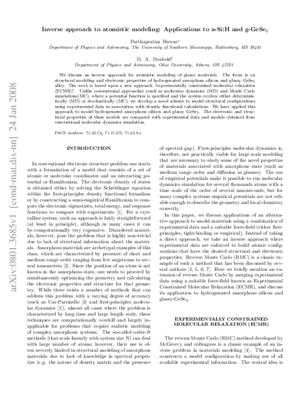 (PDF) Inverse approach to atomistic modeling: Applications to a-Si:H and g-GeSe2