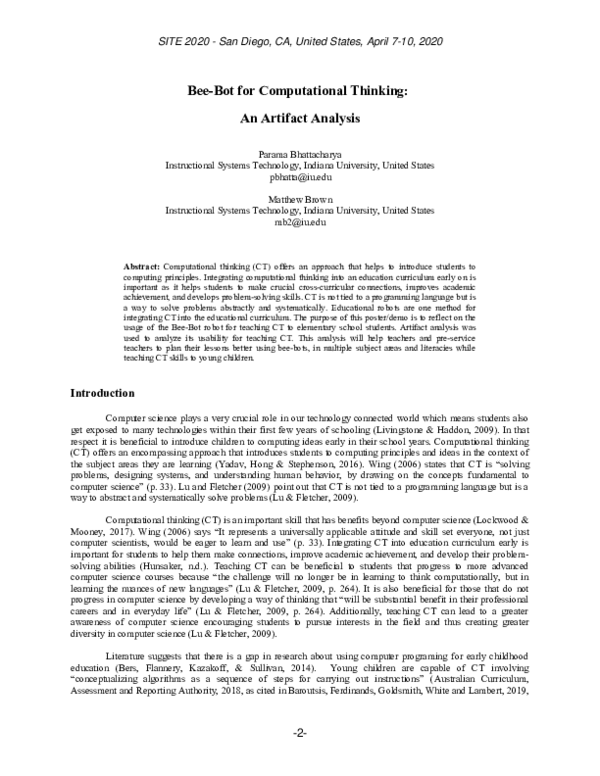 (PDF) Bee-Bot for Computational Thinking: An Artifact Analysis