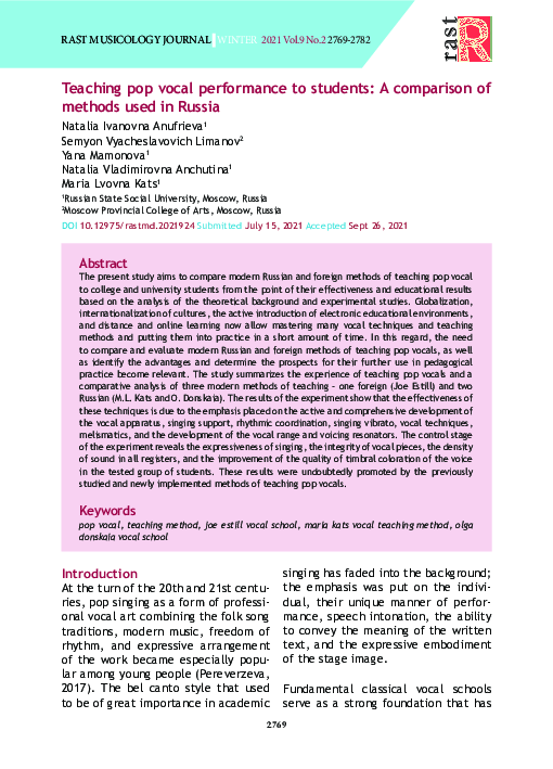 (PDF) Teaching pop vocal performance to students: a comparison of methods