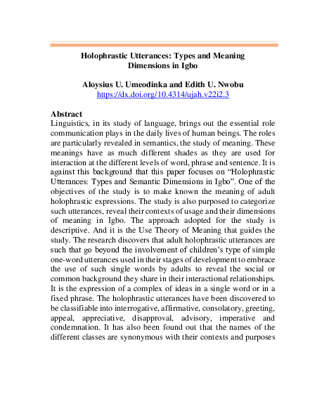 (PDF) Holophrastic Utterances: Types and Meaning Dimensions in Igbo